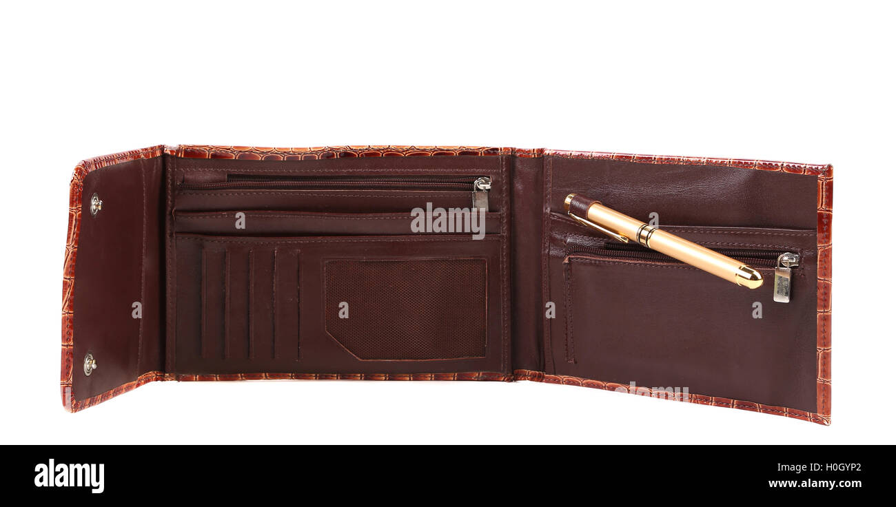 Opened brown leather purse Stock Photo - Alamy