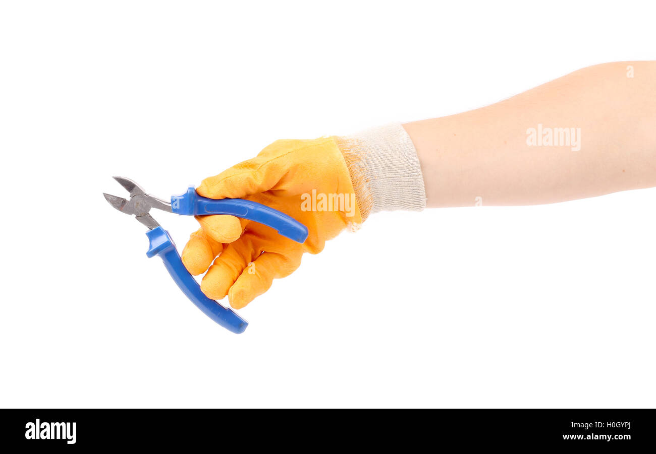 Hand in gloves holding pliers Stock Photo - Alamy