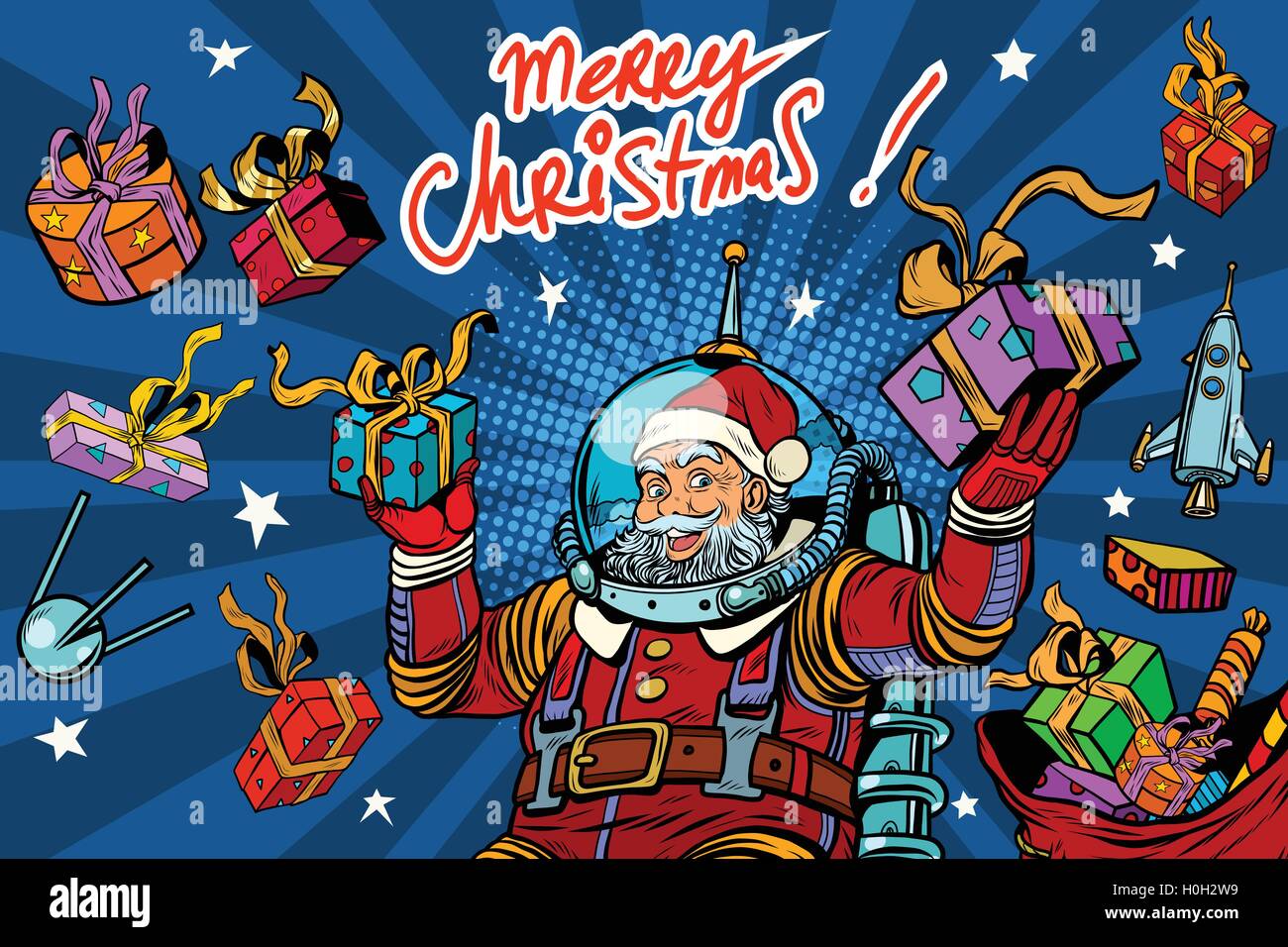 Space Santa Claus in zero gravity with Christmas gifts Stock Vector ...