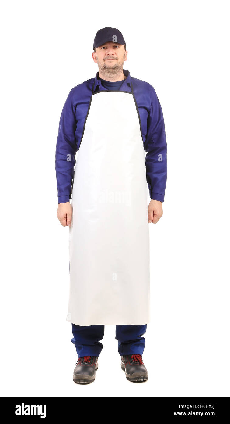 Worker wearing blue apron Stock Photo - Alamy