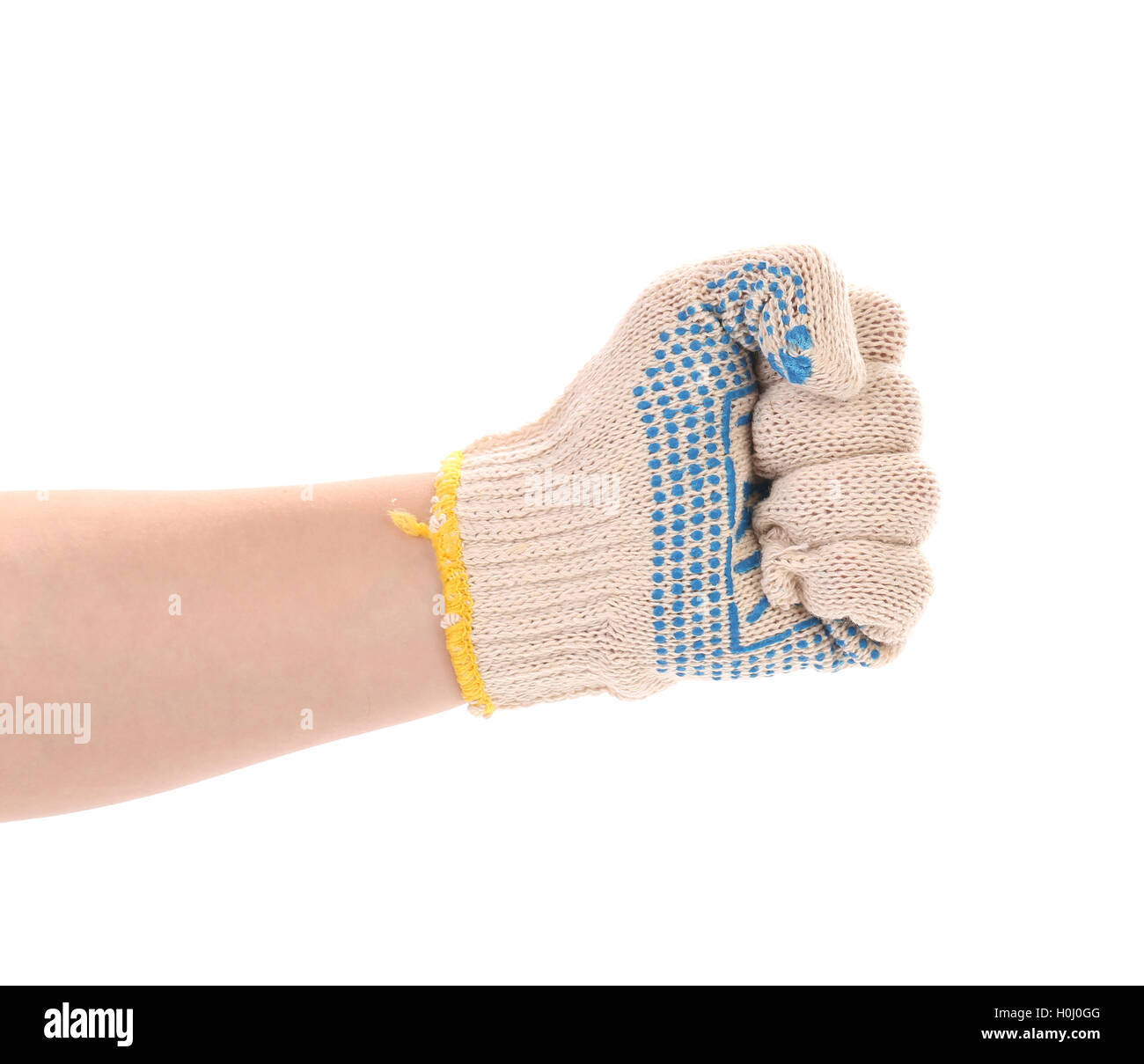 Strong male worker hand glove clenching fist Stock Photo - Alamy