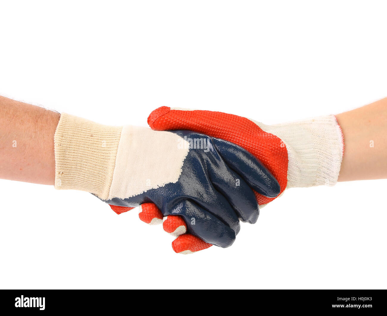 Two hands in gloves of hand shake Stock Photo - Alamy