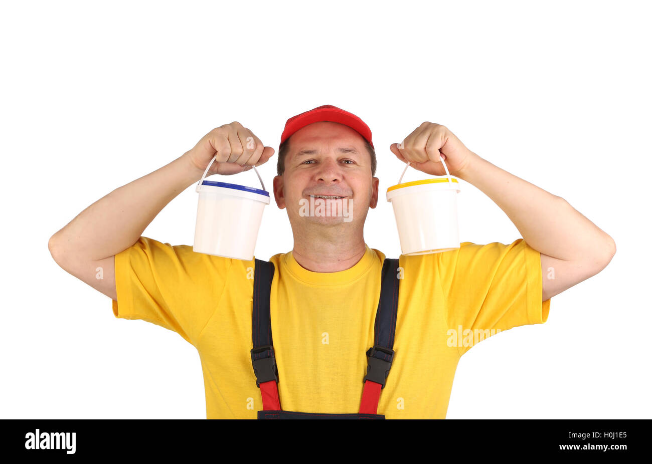 Worker holding two buckets Stock Photo - Alamy