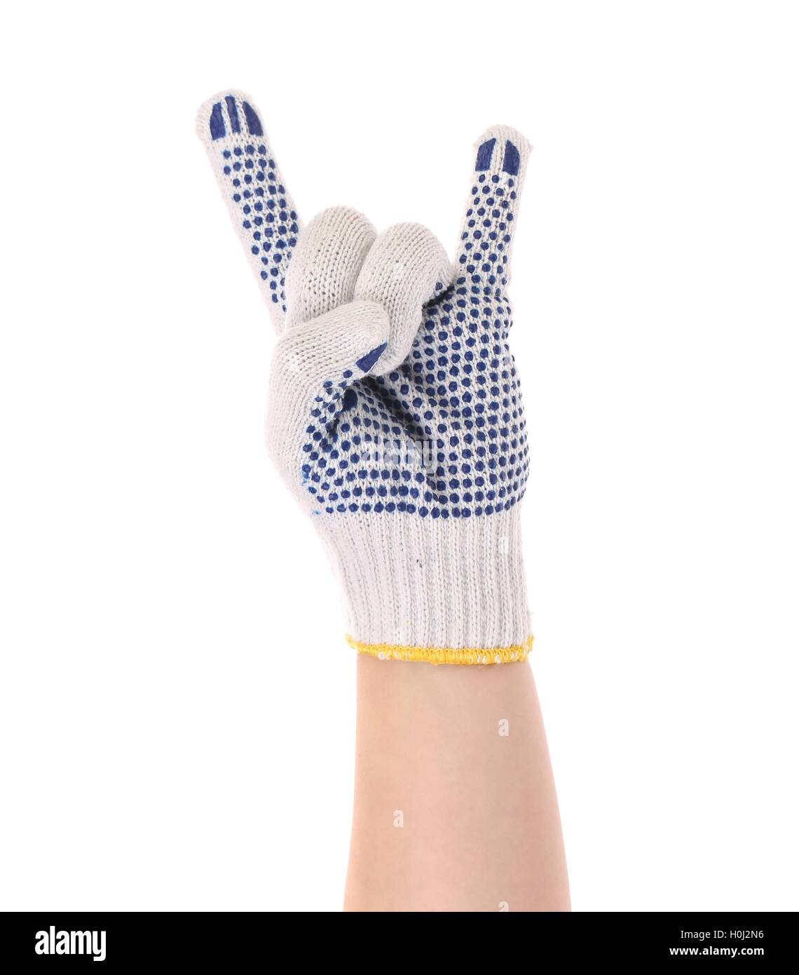 Hand shows rock sign in glove Stock Photo - Alamy