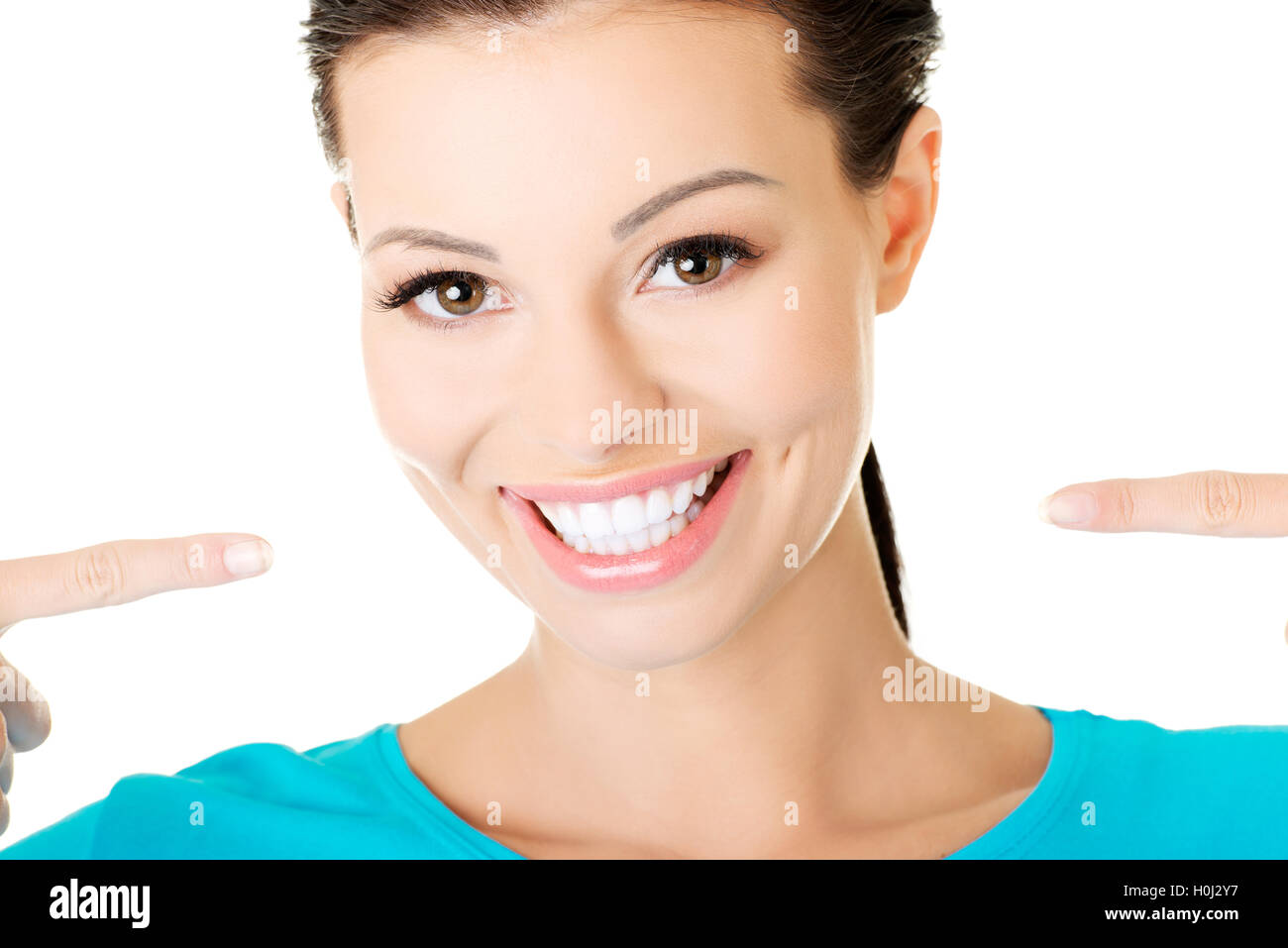 beautiful casual woman showing her perfect white teeth Stock Photo - Alamy