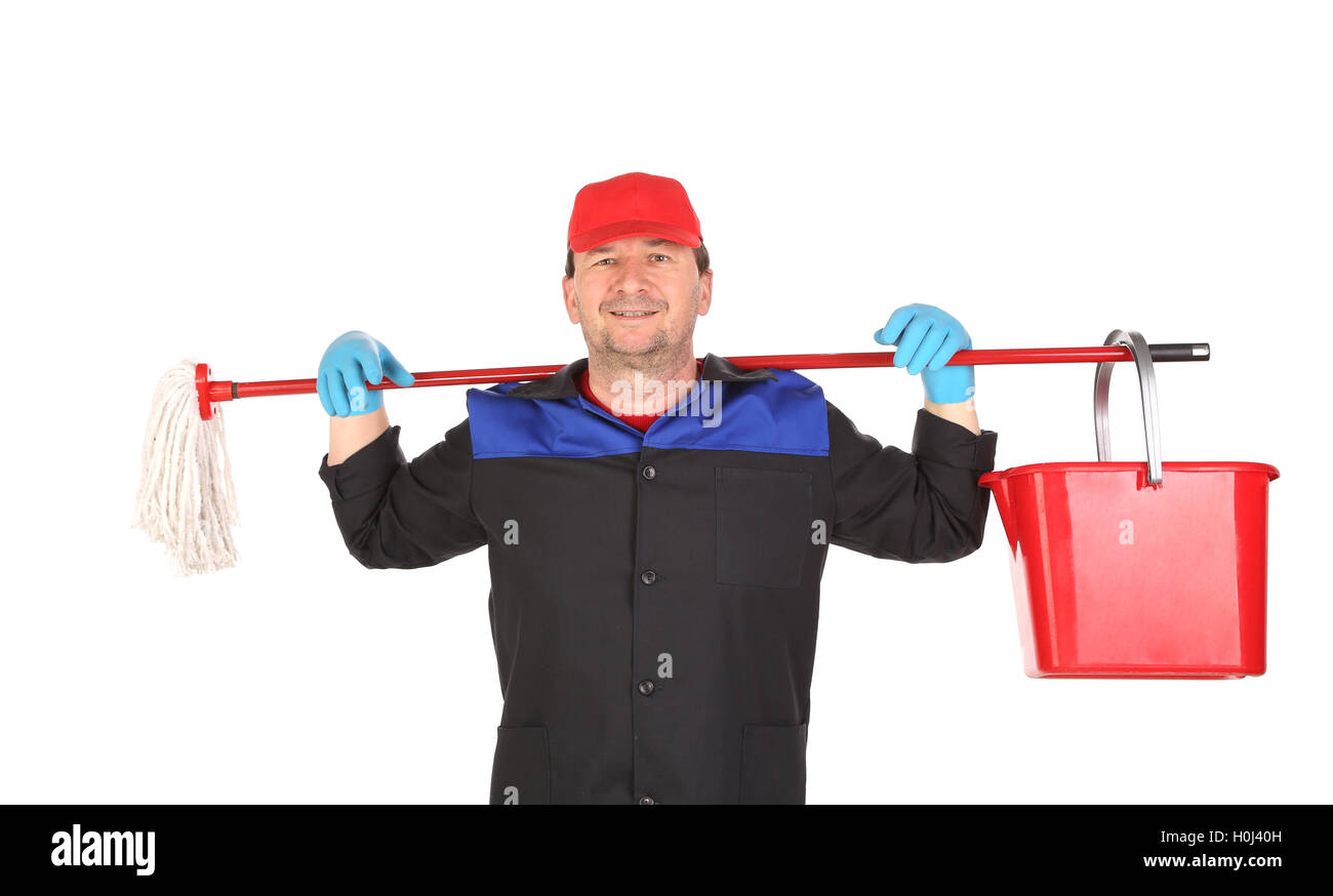 Man holding broom and bucket Stock Photo - Alamy