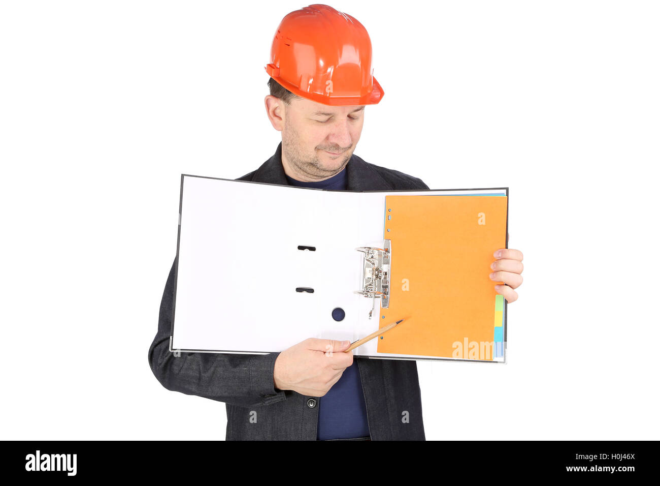 Worker in hard hat with opened folder Stock Photo - Alamy