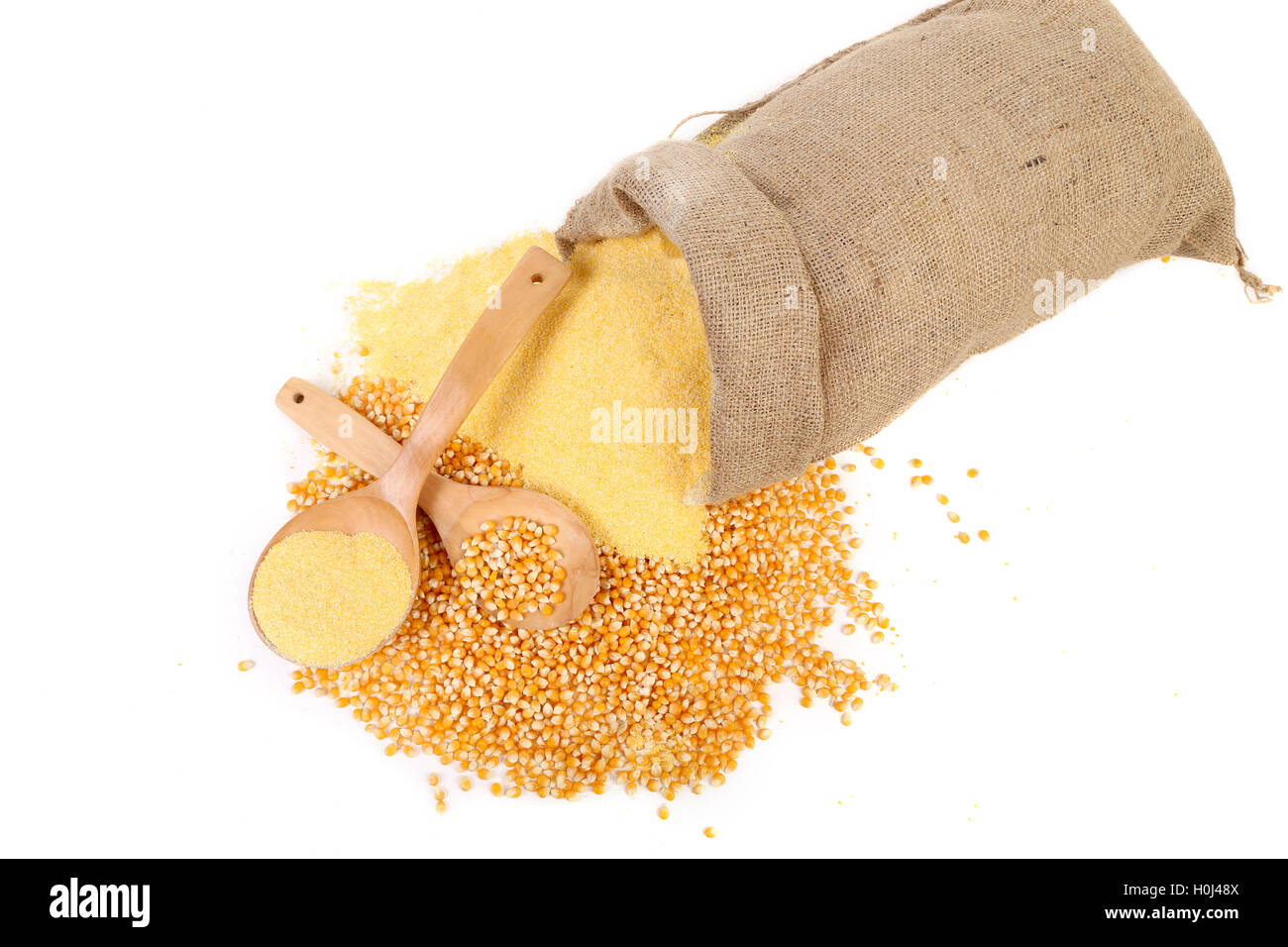 Sack with corn grains and flour Stock Photo - Alamy