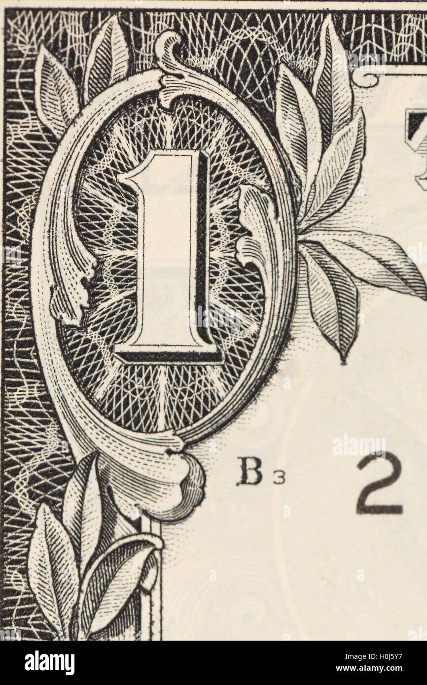 Digit One from dollar banknote close-up Stock Photo - Alamy