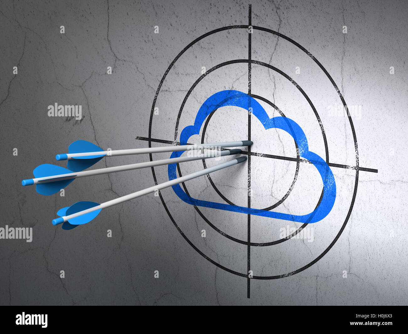 Cloud technology concept: arrows in Cloud target on wall background ...