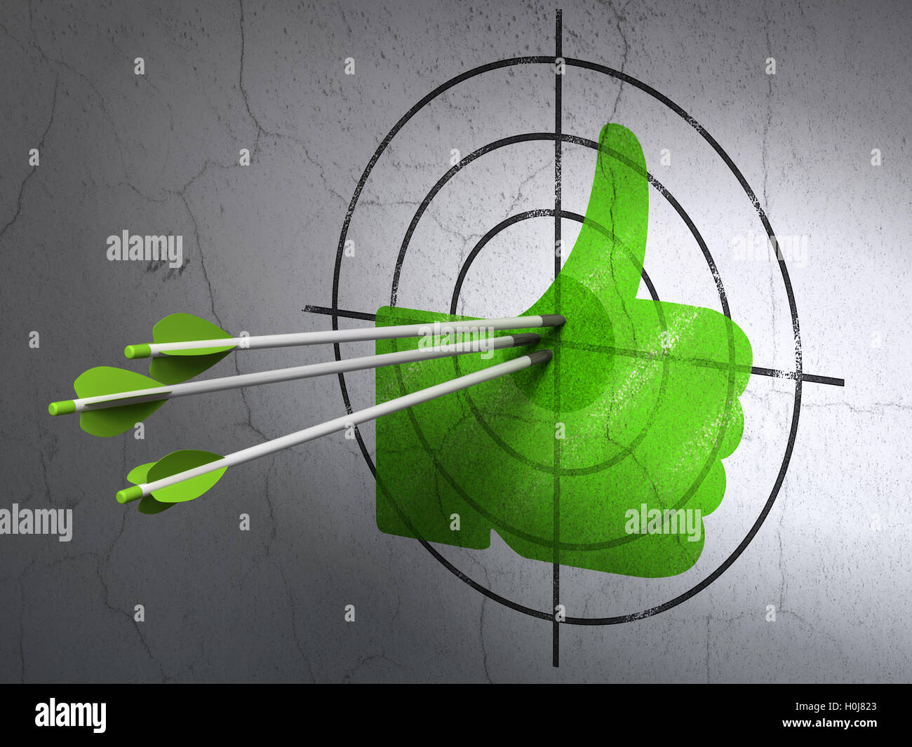 Social network concept: arrows in Thumb Up target on wall background ...
