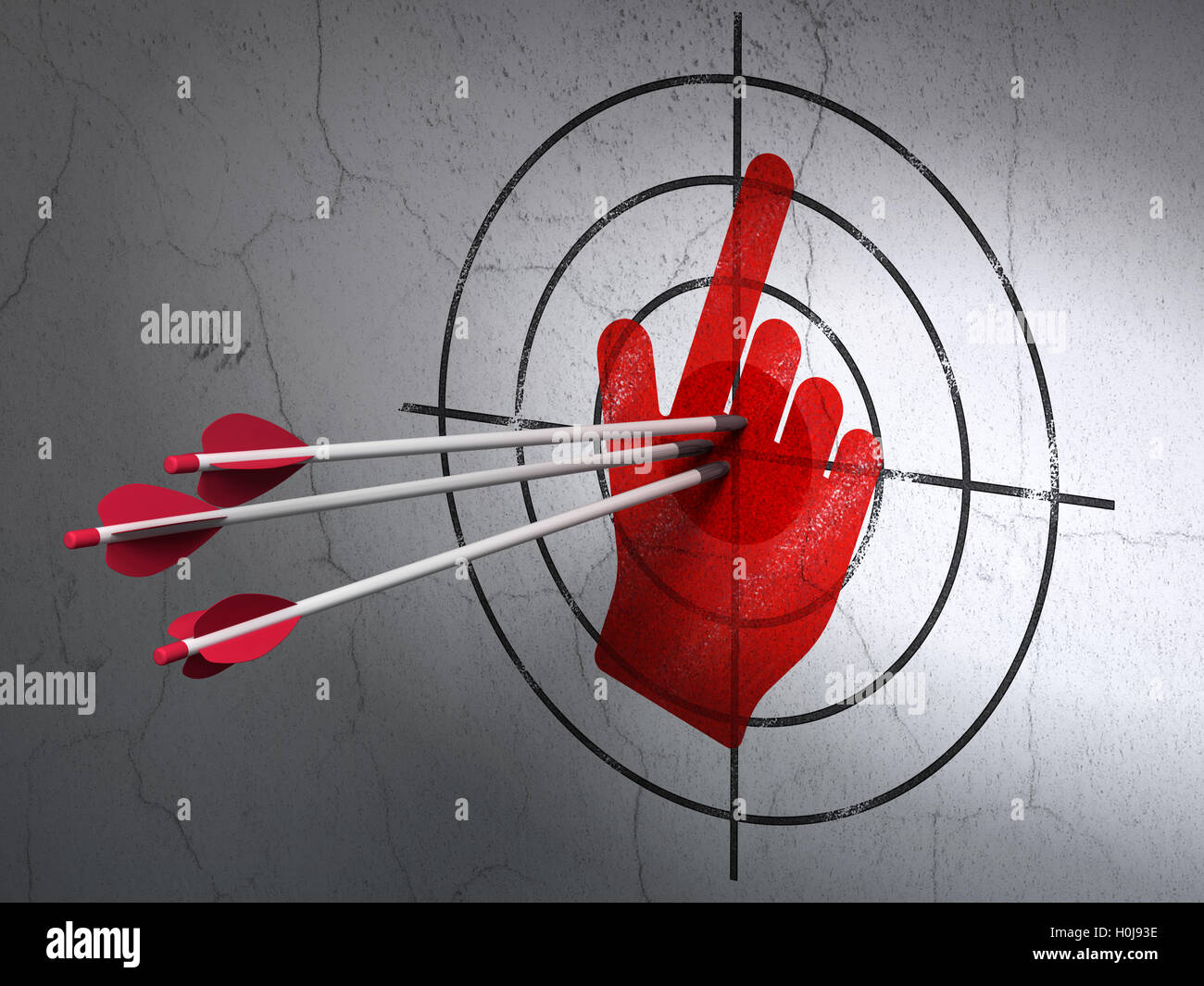 Marketing concept: arrows in Mouse Cursor target on wall background ...