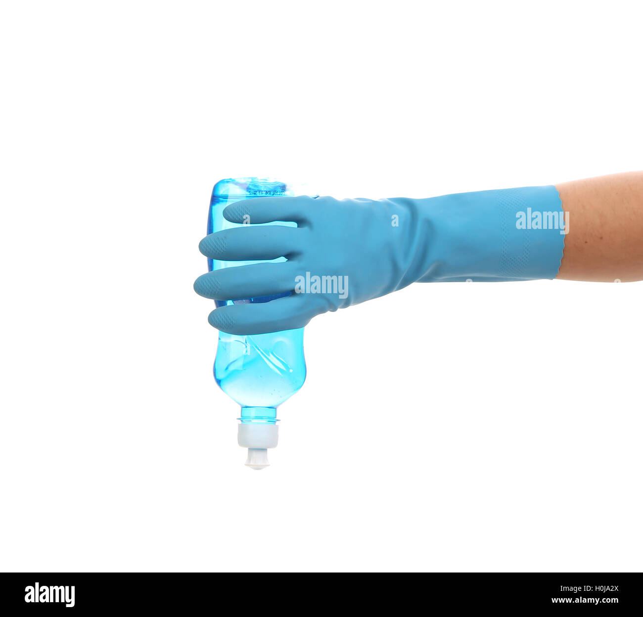 Hand in glove holding blue plastic bottle Stock Photo - Alamy