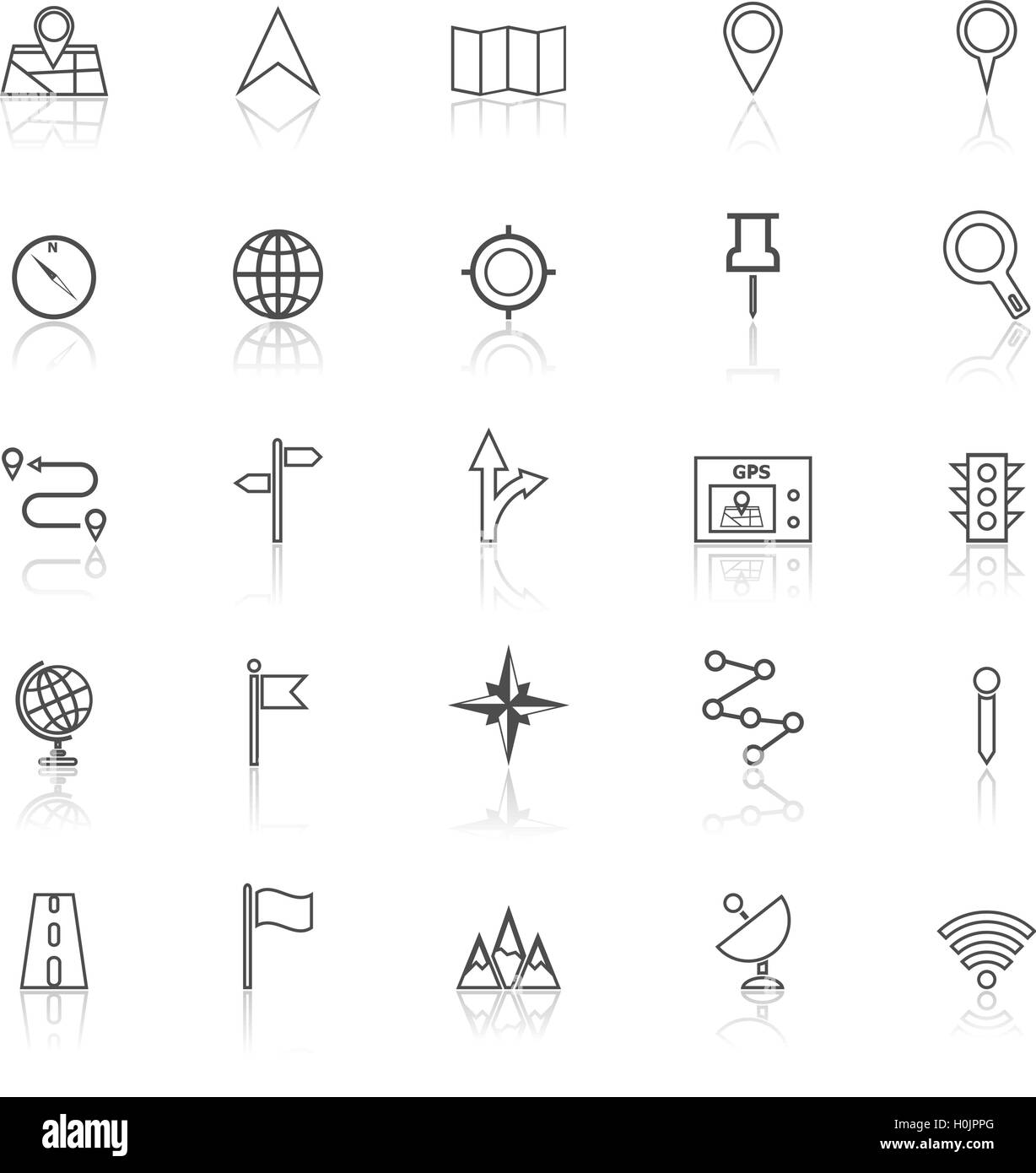 Navigation line icons with reflect on white background, stock vector ...