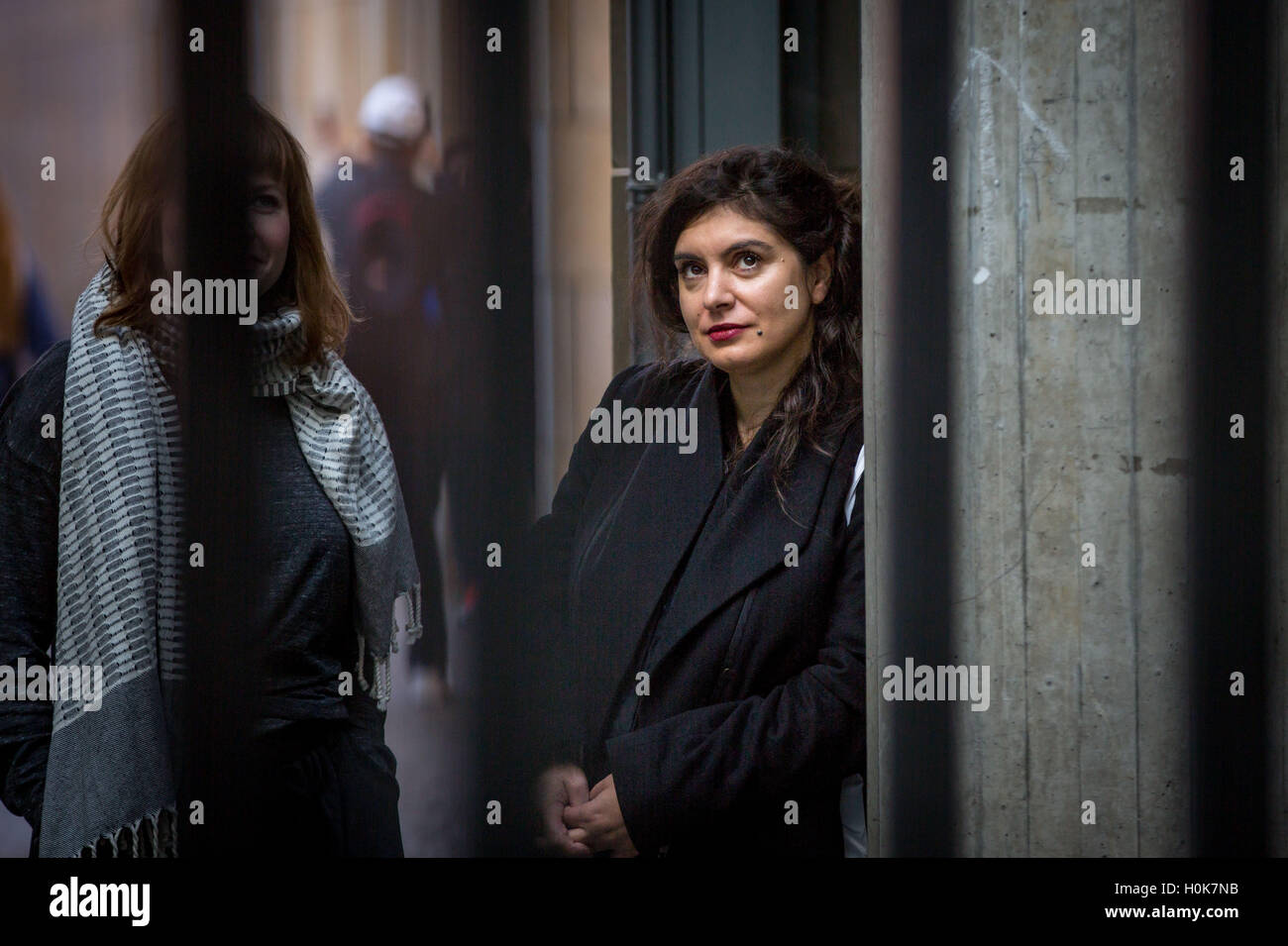 Artist Rosa Barba stands next to her cinematic sculpture with the title ...