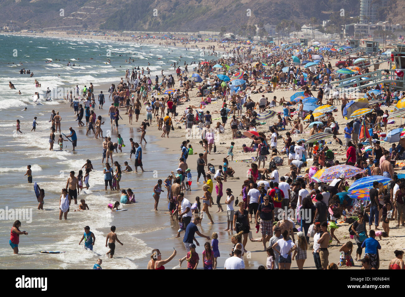 Crowds at Beach, Santa Monica, Los Angeles, California, USA Stock Photo ...