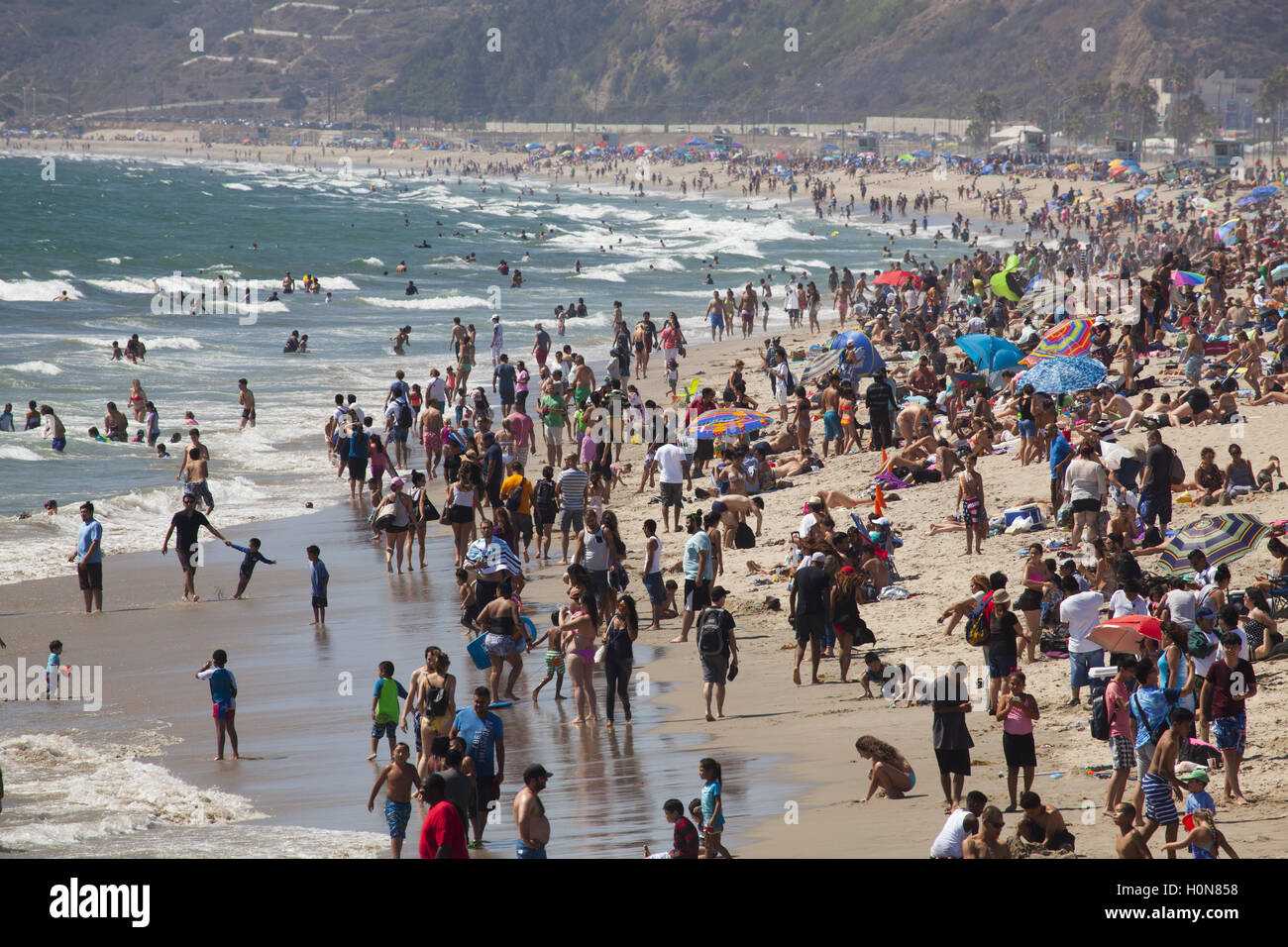 Crowds at Beach, Santa Monica, Los Angeles, California, USA Stock Photo ...