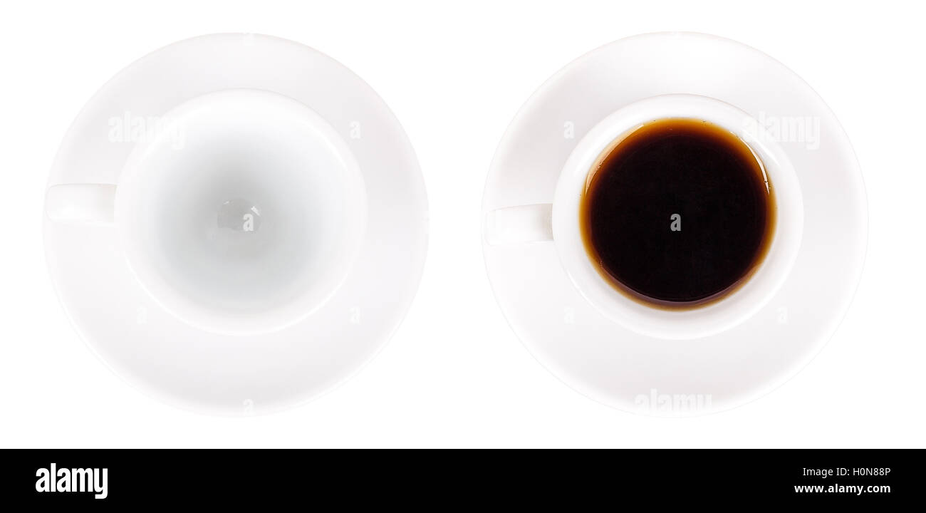 empty and full coffee white mug on a saucer isolated on white ...