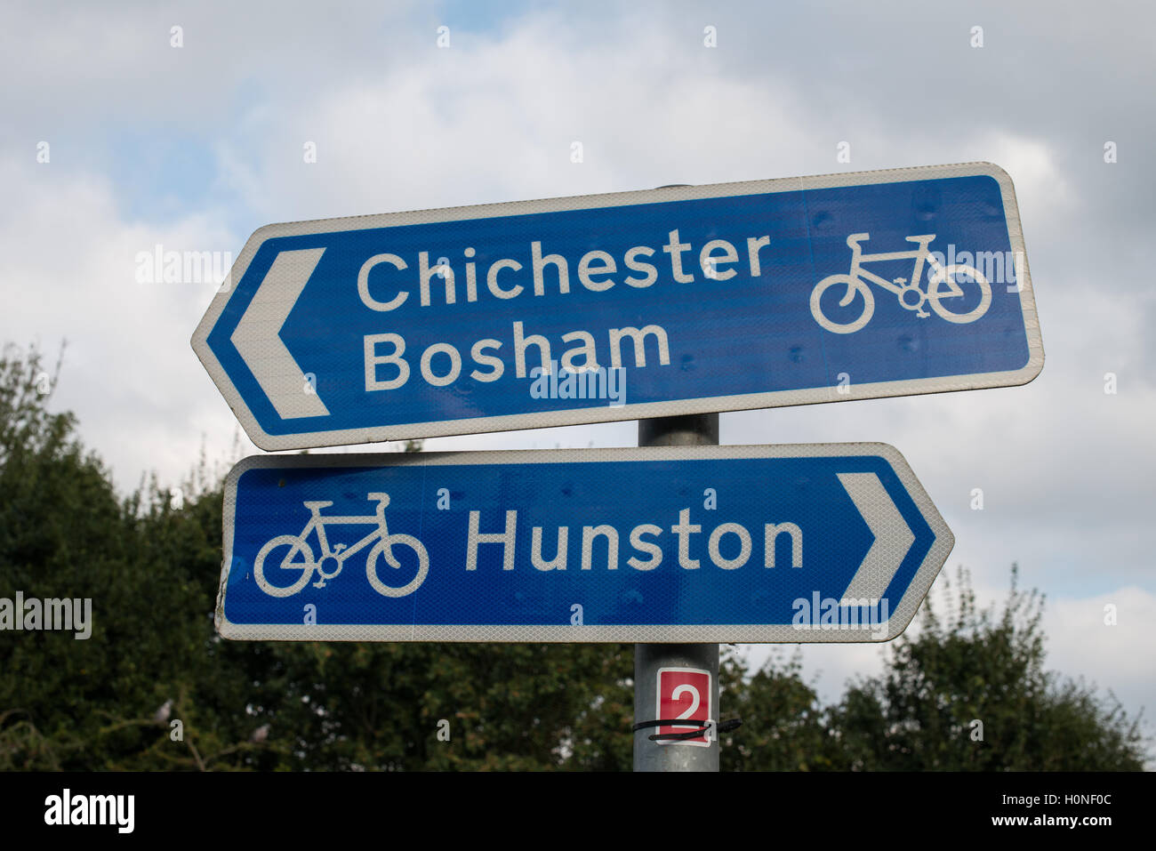 Cycle path route signs for Chichester, Bosham and Hunston in West ...