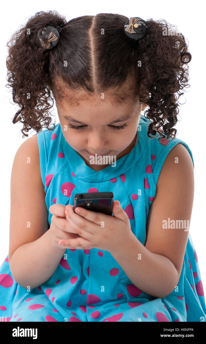 A Cute Little Girl Calling a Number Isolated on White Stock Photo - Alamy