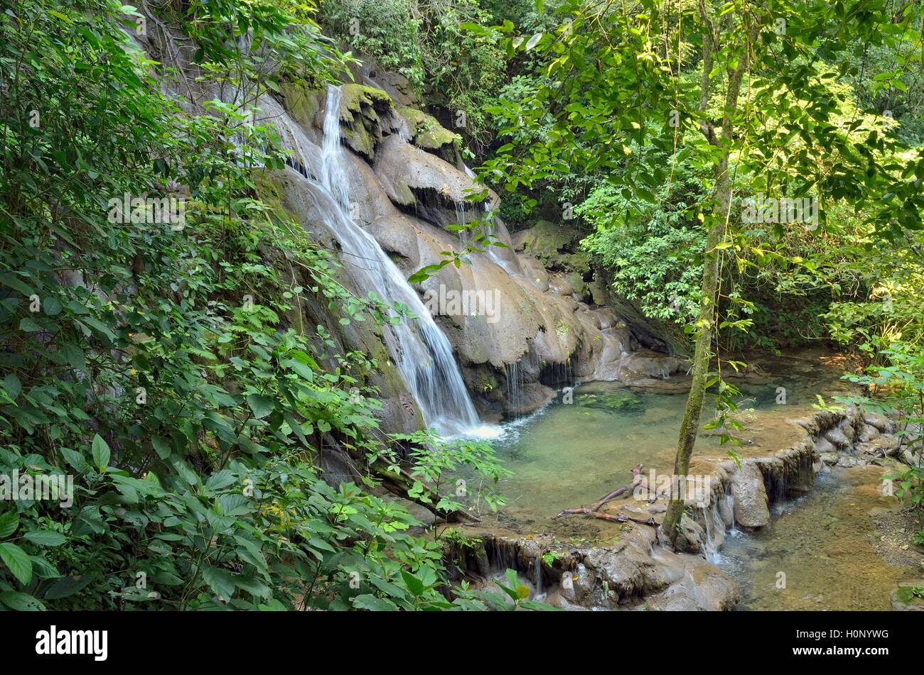 Small waterfall at Rio Otolum, Mayan ruins of Palenque, Chiapas, Mexico ...