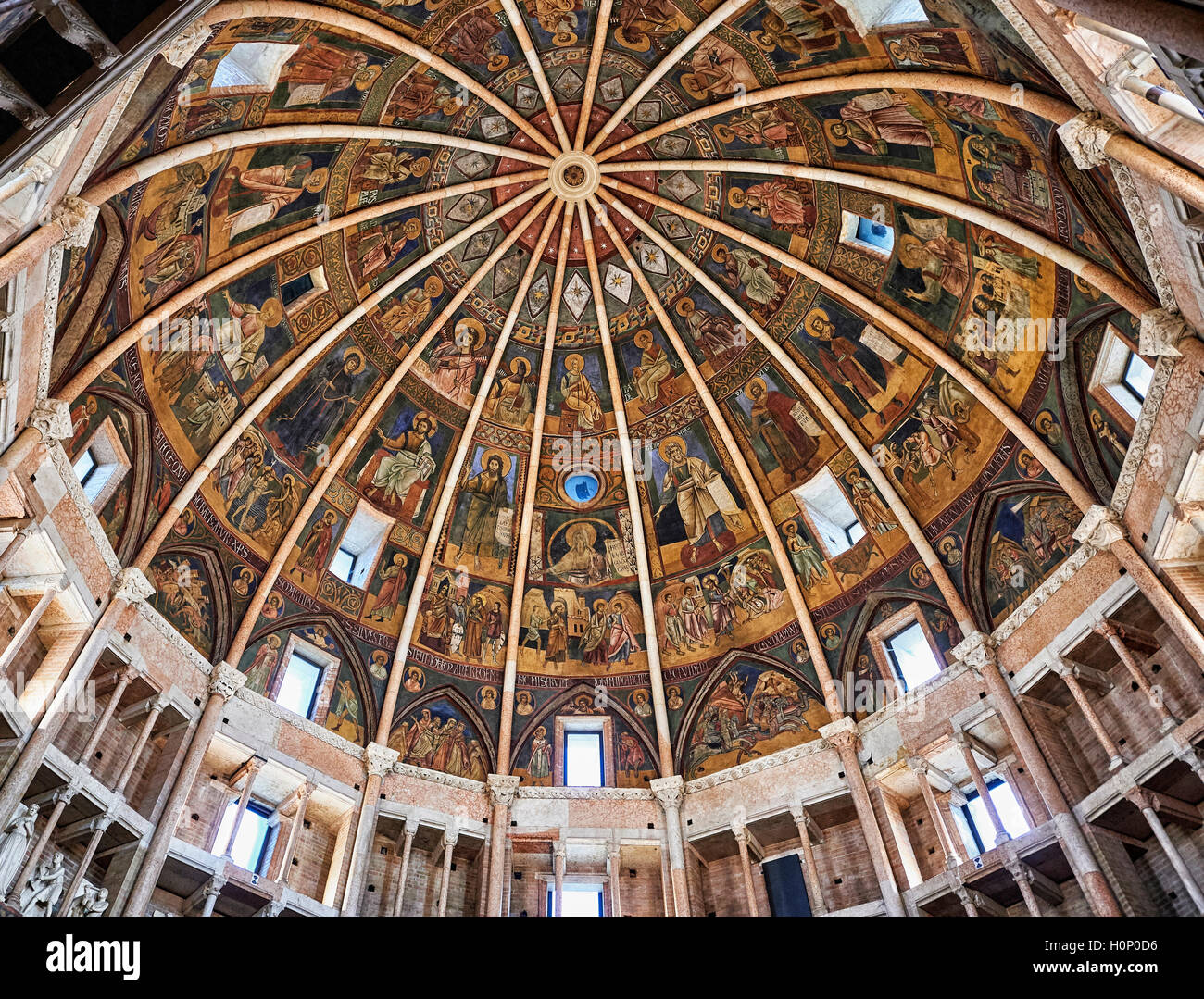 Romanesque frescoes inside the dome of the Romanesque Baptistery of ...