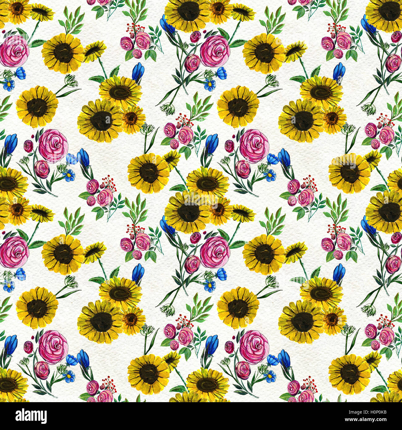 Seamless pattern with blue yellow and pink flowers Stock Photo - Alamy