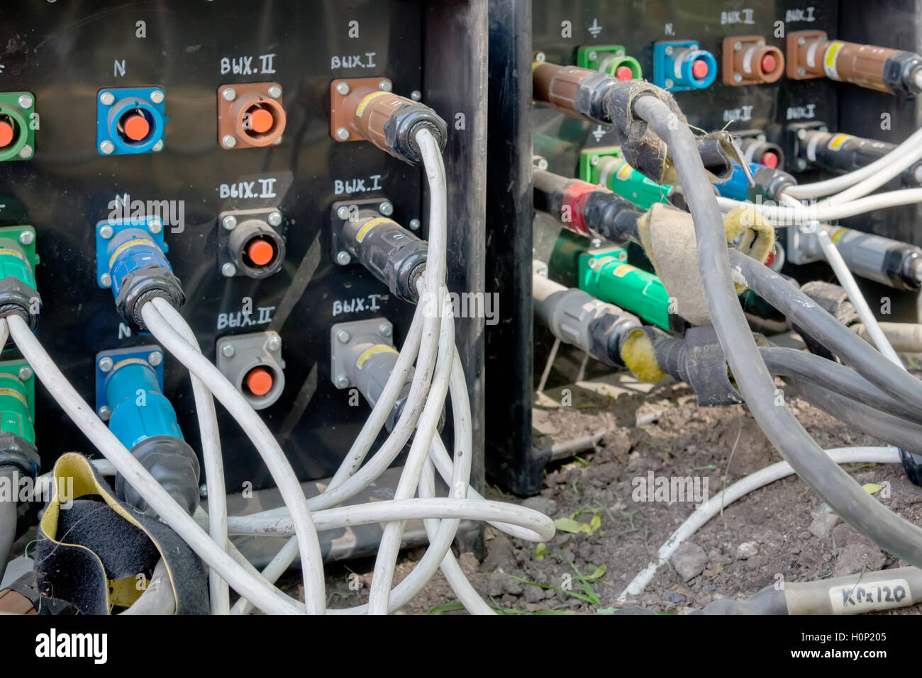 the electrical power cables connected to a temporary outdoors ...