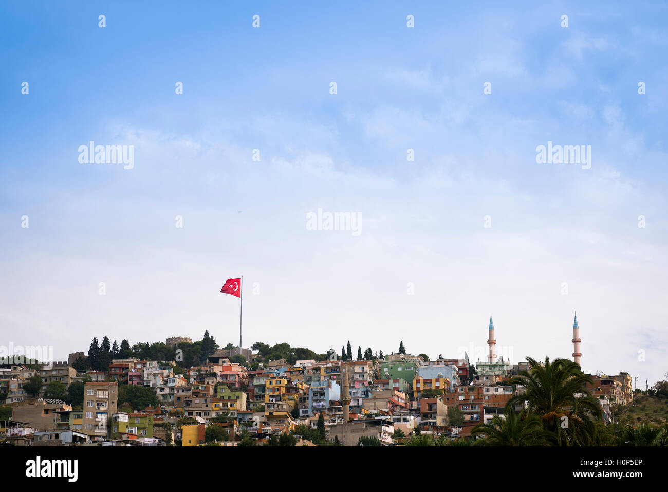 Region of Kadifekale landscape from agora ancient city, Turkish flag ...