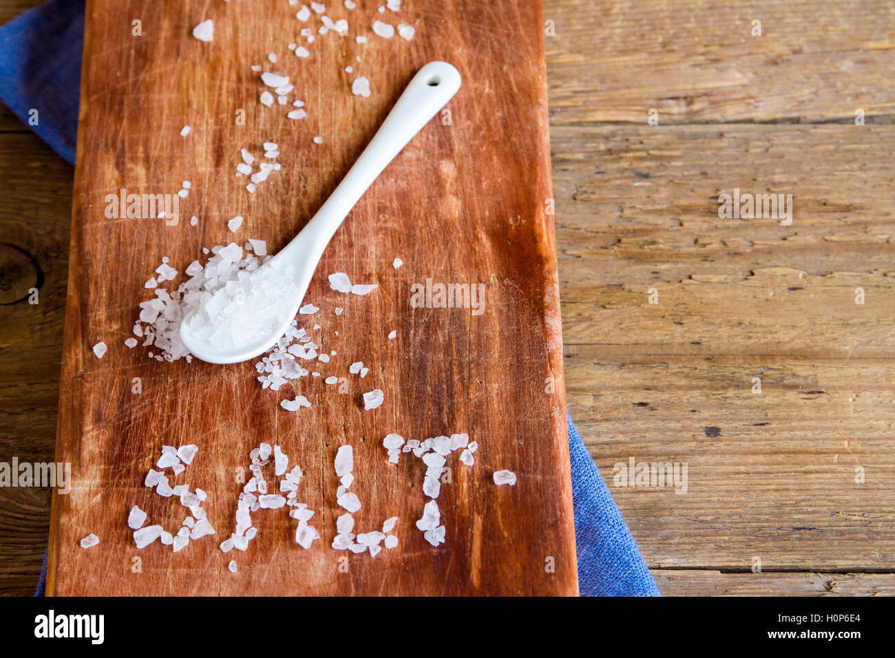 Sea salt letters over rustic wooden background with copy space Stock ...