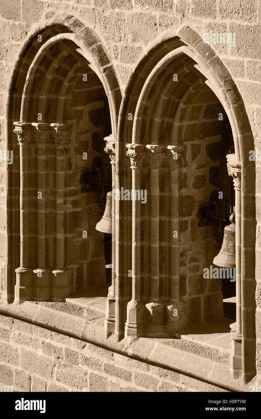 Gothic arches and columns in a facade. Olite, Spain. Horizontal Stock ...