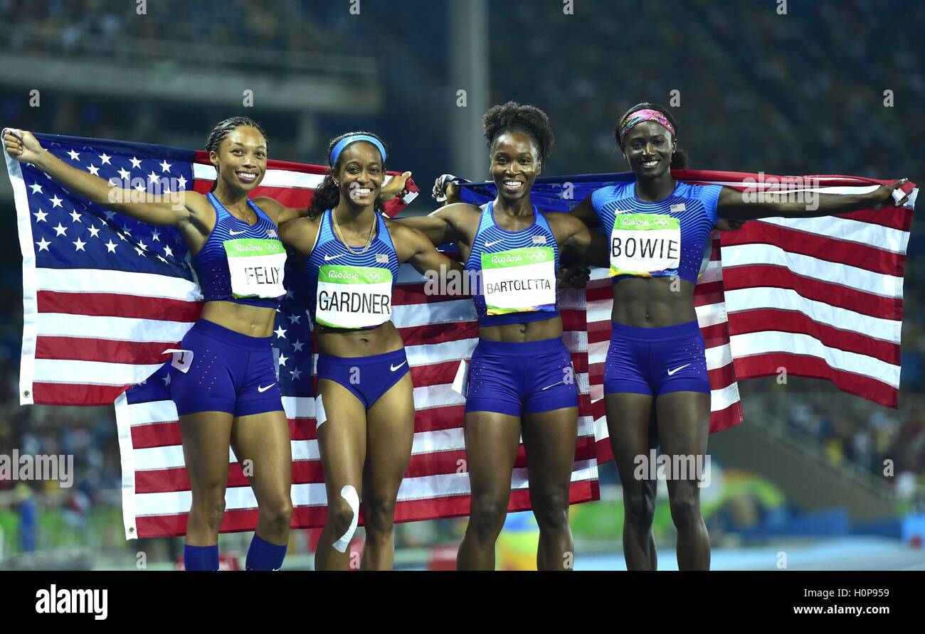 Allyson Felix, English Gardner, Tianna Bartoletta and Tori Bowie of the ...