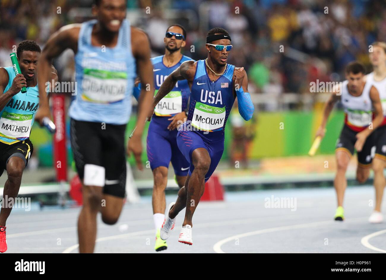 Tony McQuay of the United States in action during the men's 4x400m ...