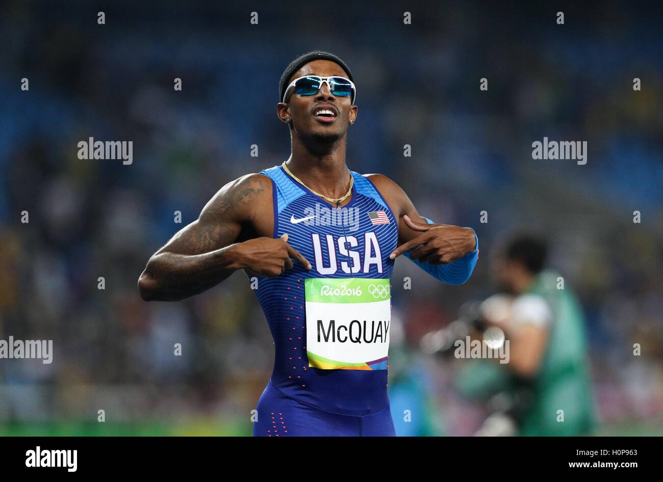 Tony McQuay of the United States celebrates after the men's 4x400m ...
