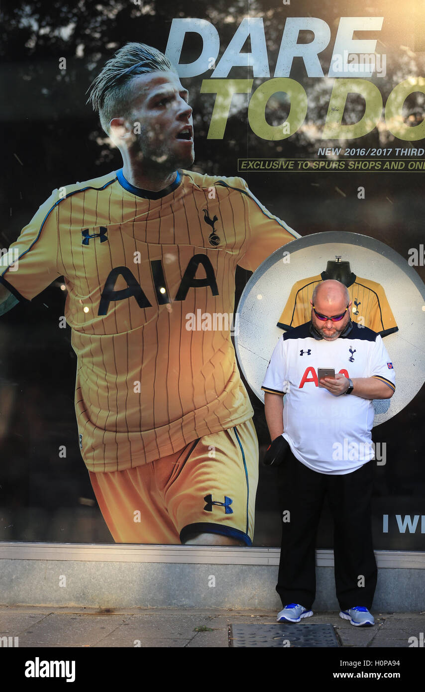 A Tottenham Hotspur supporter waits for the gates to open for the EFL ...