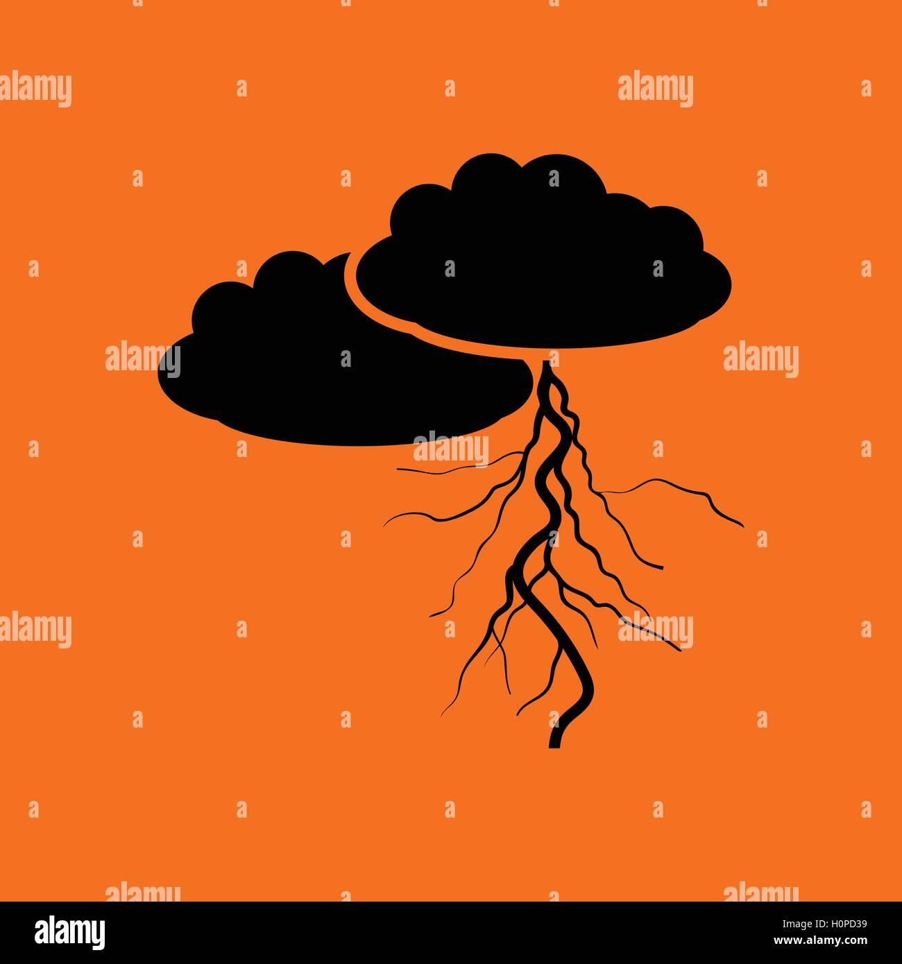 Clouds and lightning icon. Orange background with black. Vector ...