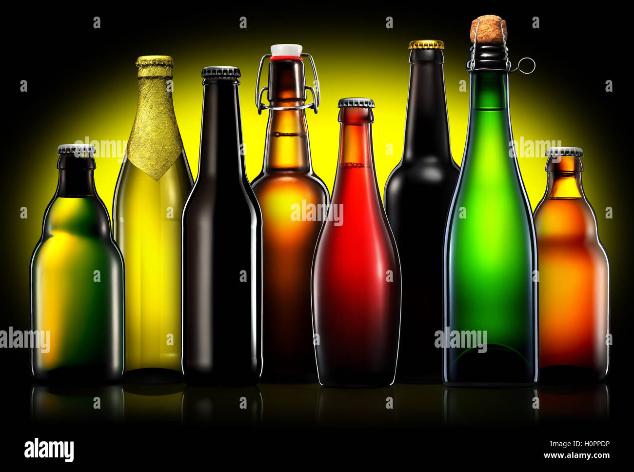 Set of beer bottles isolated on black background Stock Photo - Alamy
