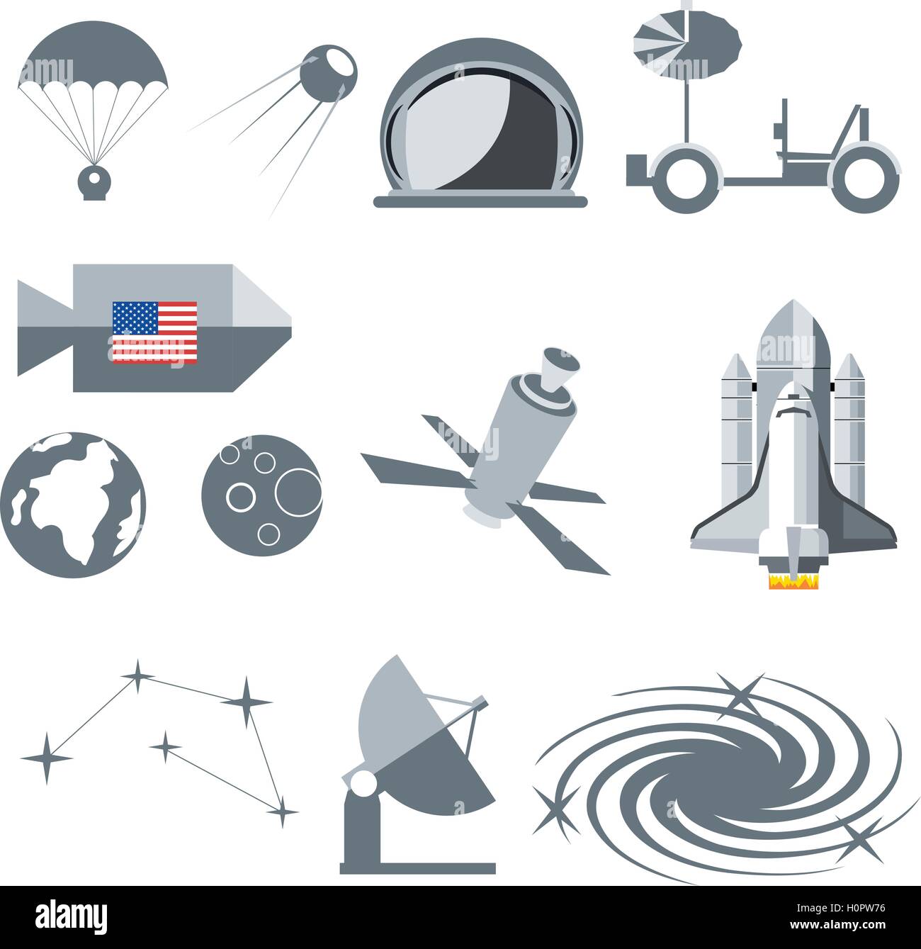 Digital vector silver cosmos icons set with space ship, planet earth ...