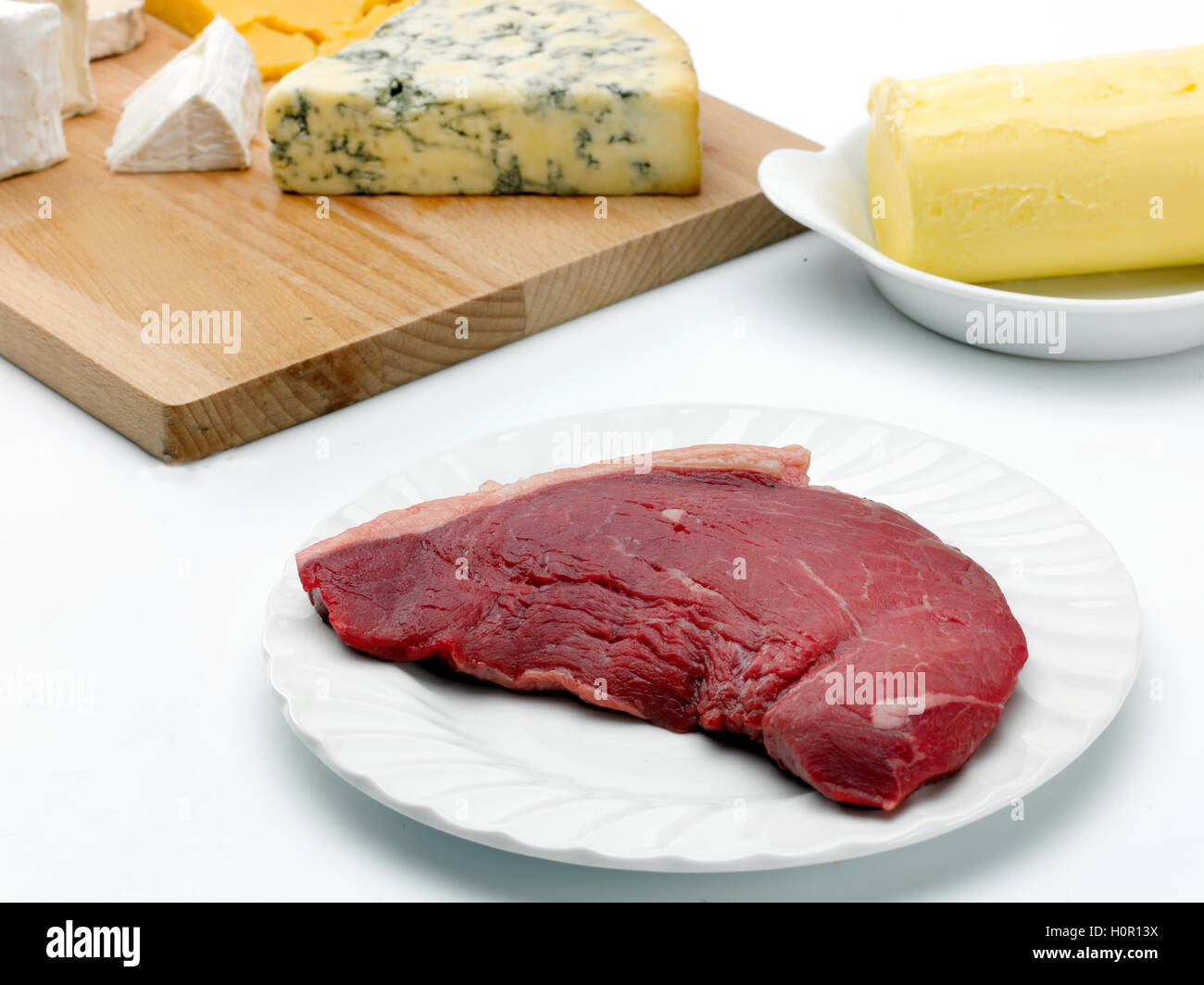 A selection of sliced Beef, cheese and butter on a white background ...