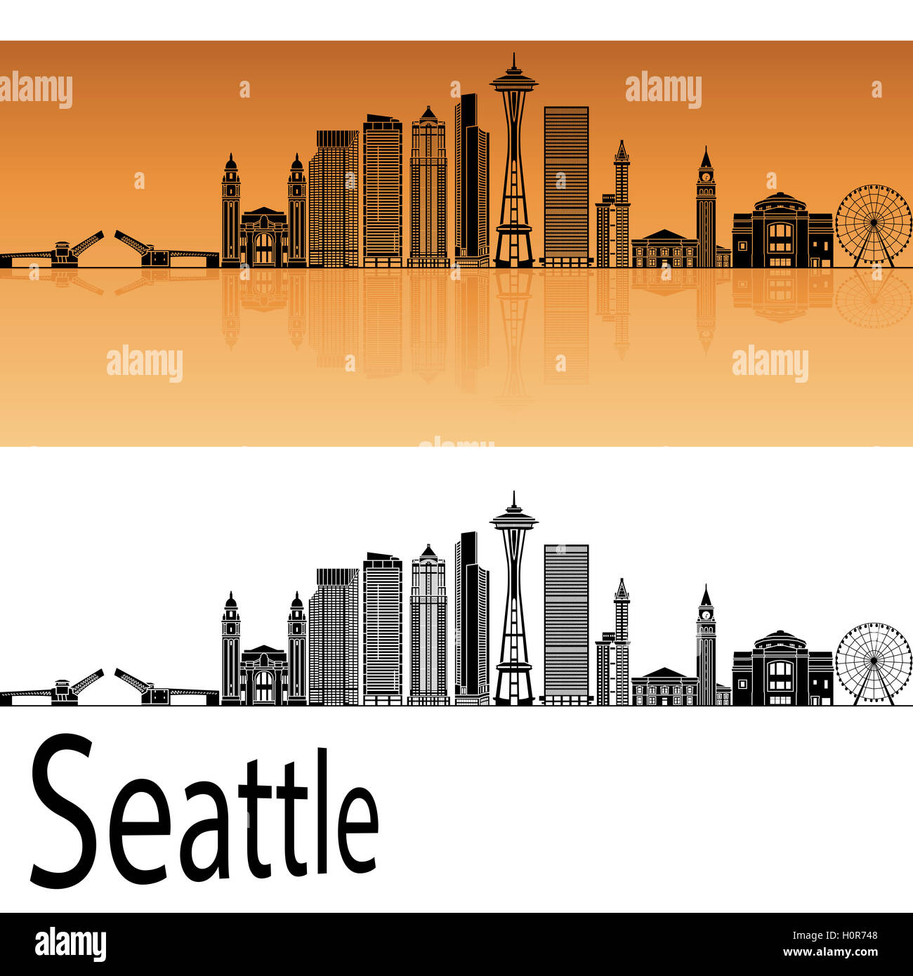 Seattle skyline in orange background in editable vector file Stock ...