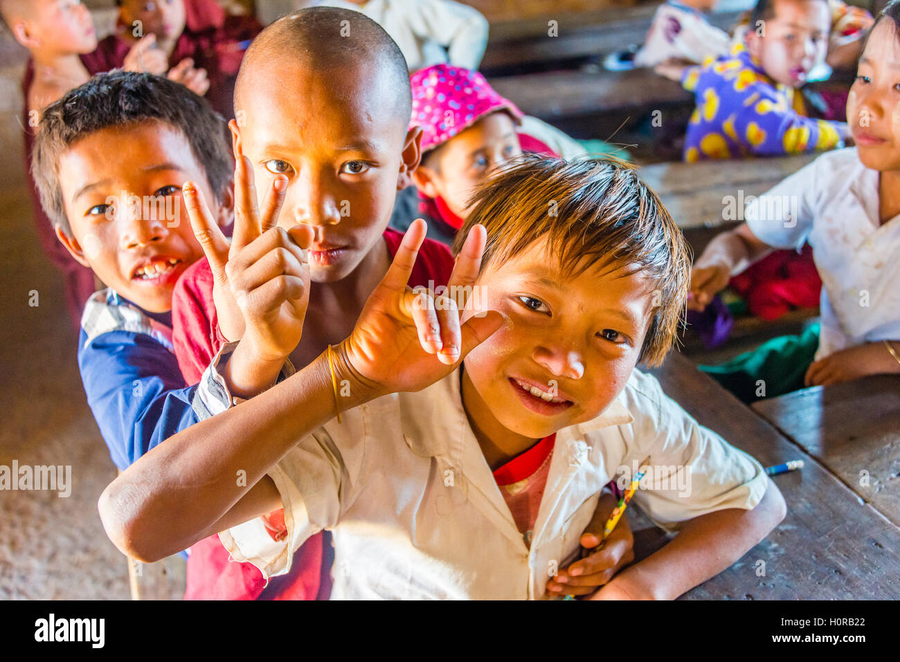 School children at school, posing for camera, Shan State, Myanmar Stock ...