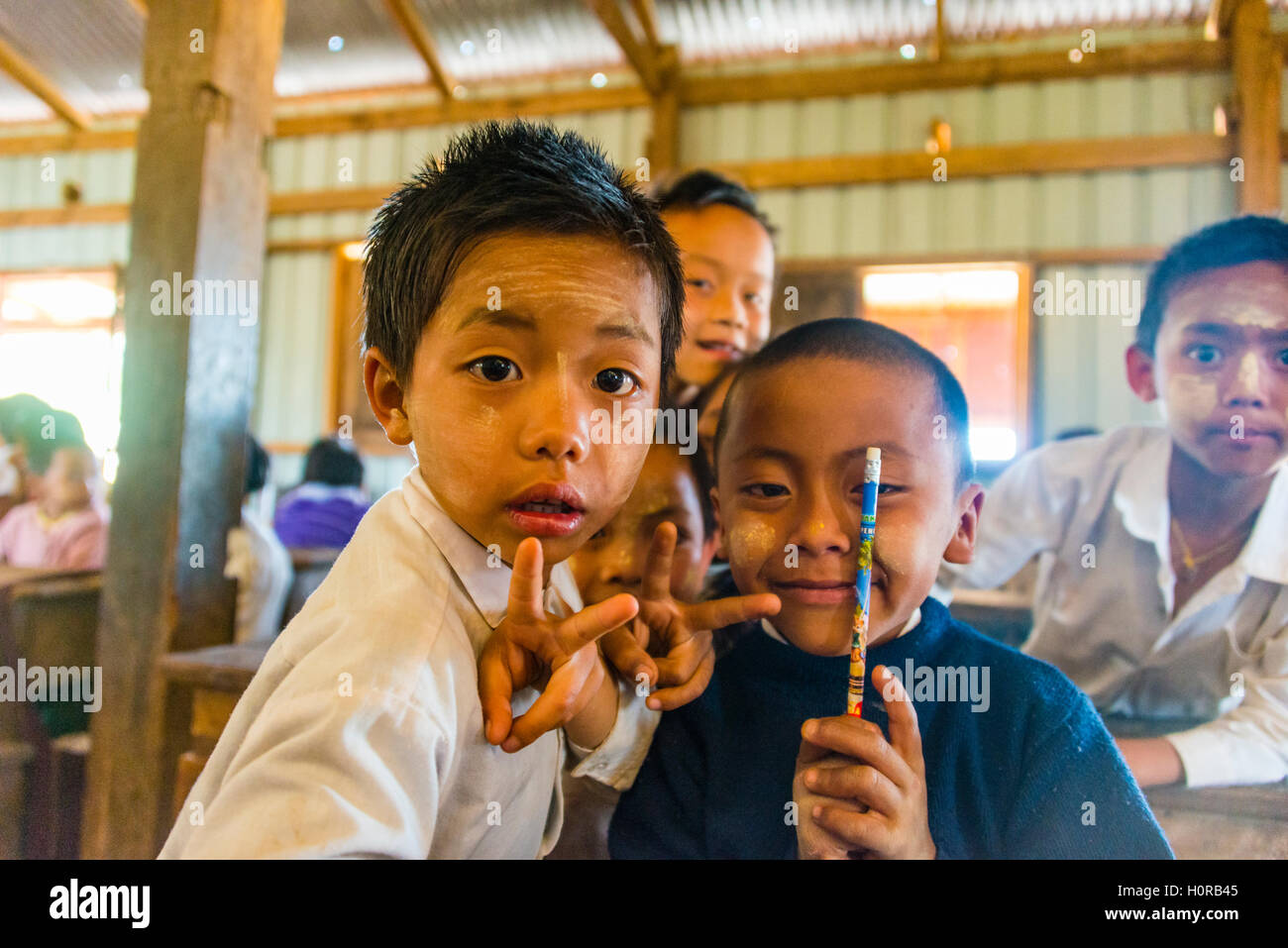 School children at school, posing for camera, Shan State, Myanmar Stock ...