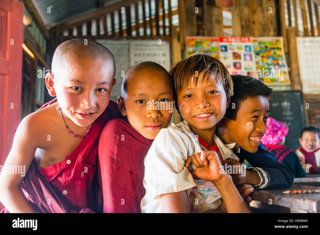 School children at school, posing for camera, Shan State, Myanmar Stock ...