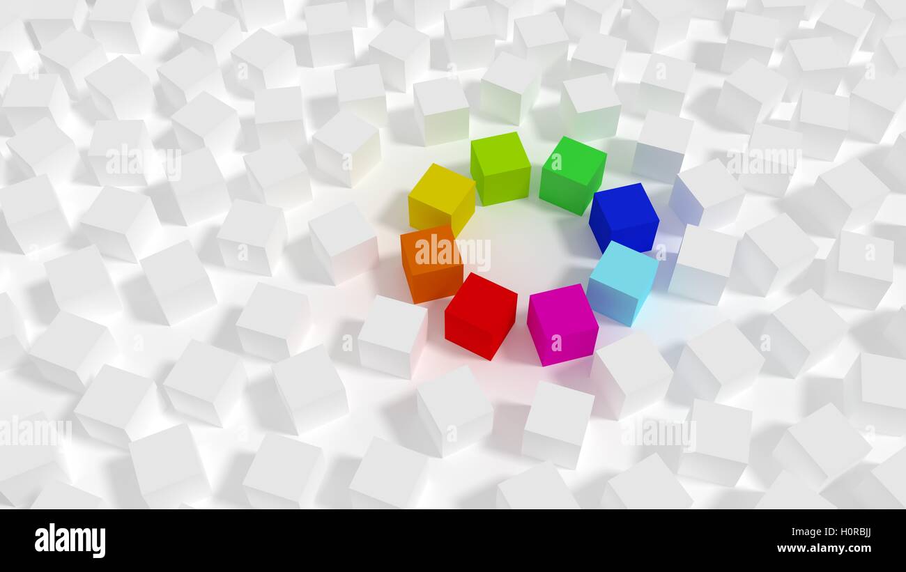 colorful Cubes in a circle surrounded by white cubes Stock Photo - Alamy