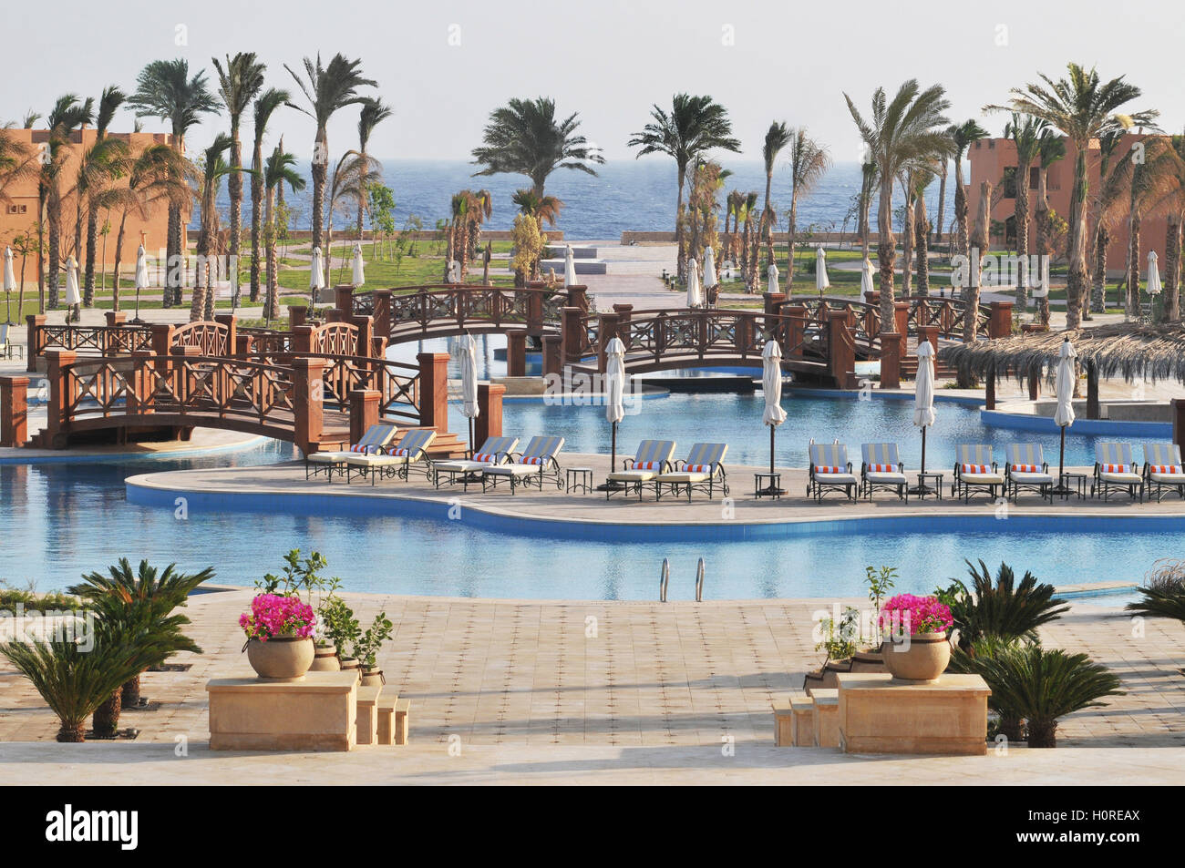 Swimming pool and beach on the Red Sea, at Marsa Alam, Egypt Stock ...