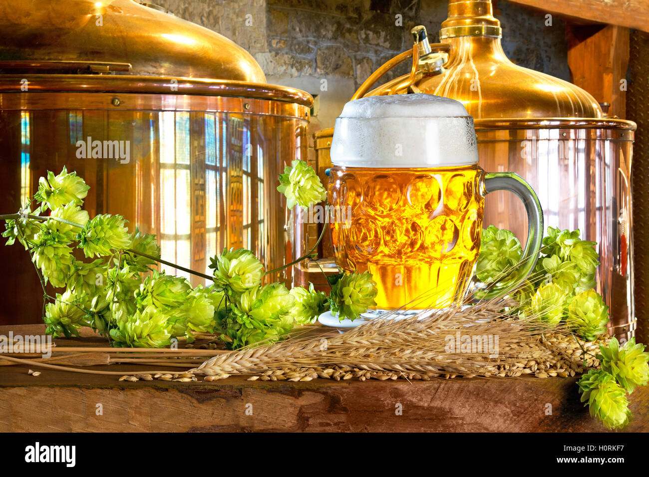 Beer glass and raw material for beer production in the brewery Stock ...