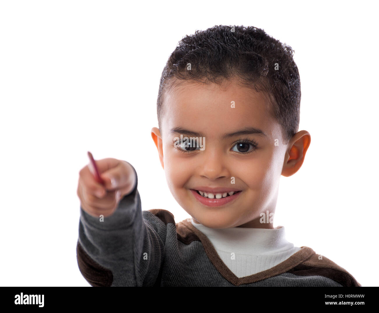 Happy Little Boy Pointing with Pen Isolated on White Background Stock ...
