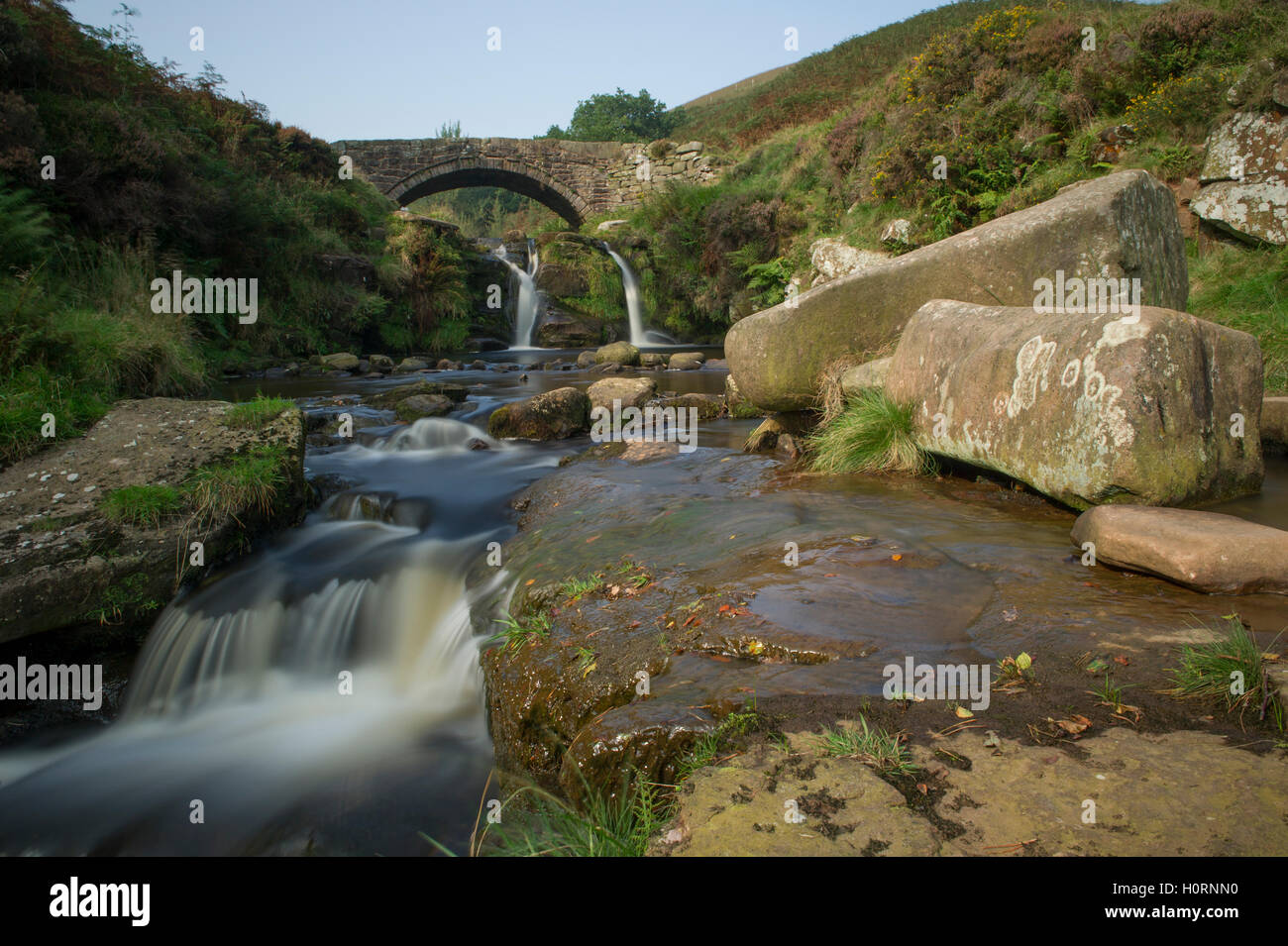 A bridge and waterfall section of Three Shires Head in the Peak ...