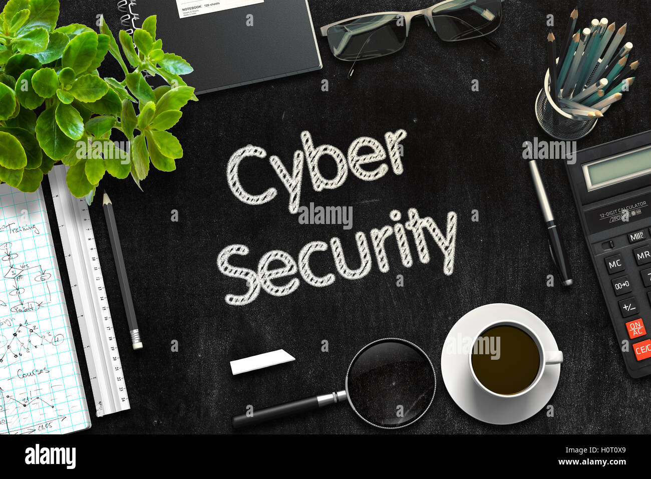 Black Chalkboard with Cyber Security Concept. 3D Rendering Stock Photo ...