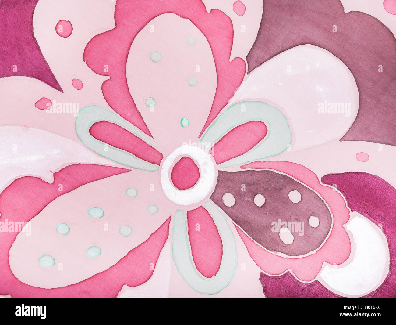 textile background - abstract pink flower drawn on colored silk batik ...